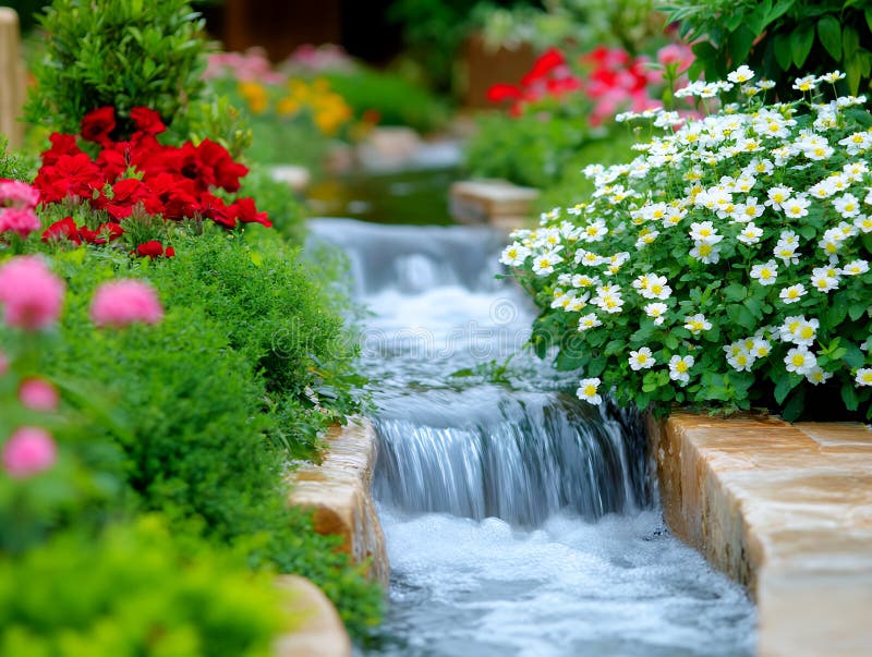 A Serene Water Feature with Cascading Water and Vibrant Flowers in a ...