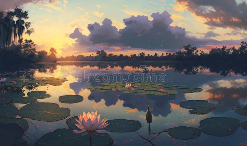 Serene Water Lilies Pond at Sunset. Perfect for Wallpapers Stock Photo ...