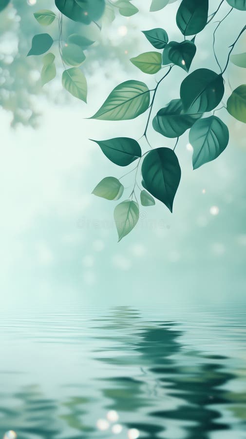 Serene Water Reflection with Lush Green Leaves and Soft Light Stock ...