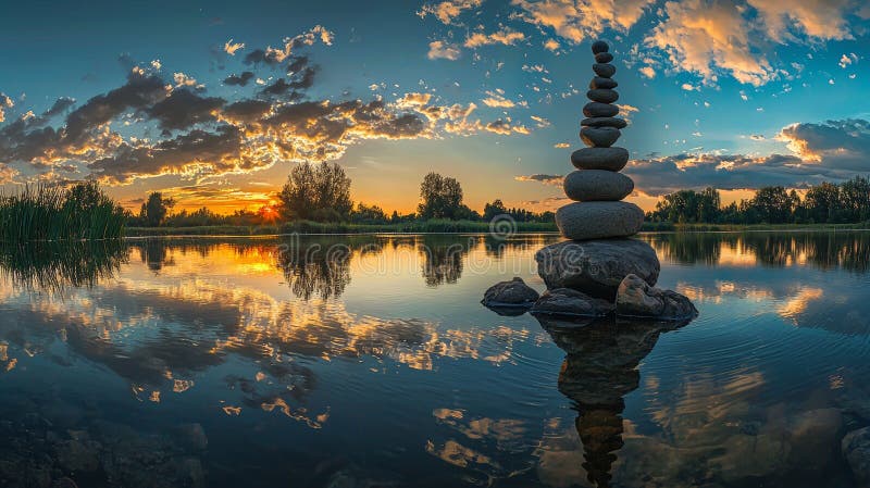 Serene Water Scene Featuring a Double Exposure of a Zen Stone Tower at ...