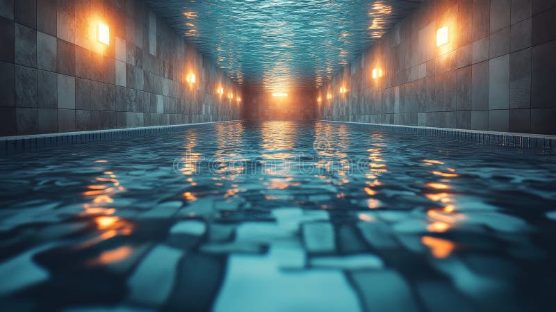 Serene Water Surface Reflecting Warm Light in a Tranquil Indoor Pool ...
