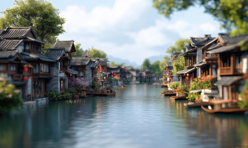 Serene Water Town with Traditional Architecture and Lush Greenery Along ...