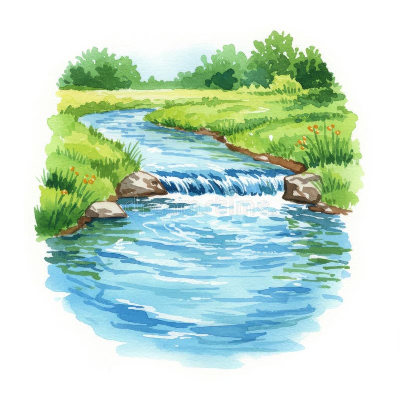 A Small River Flows in the Park Along a Walking Path. Flowers Along the Banks Stock Illustration ...