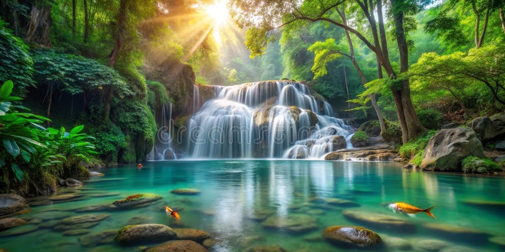 Serene Waterfall Cascade in Lush Jungle with Koi Fish. Generative AI ...