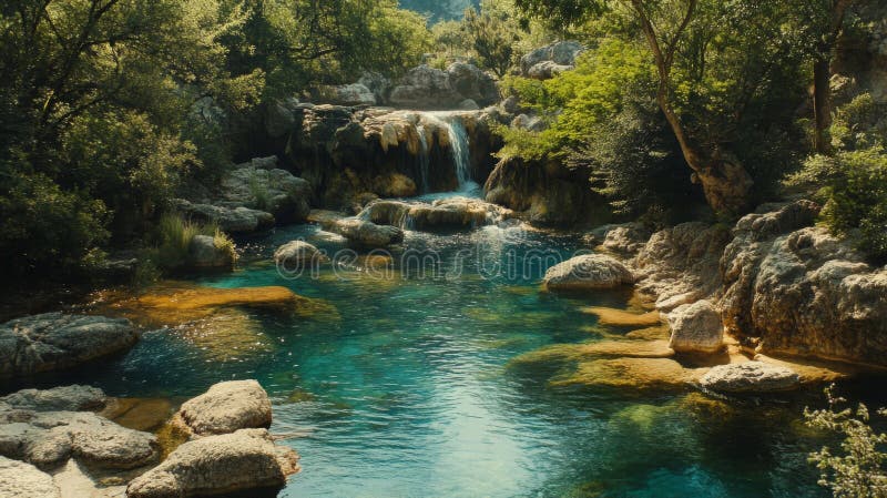 Serene Waterfall Cascades into Crystal Clear Pool Stock Illustration ...