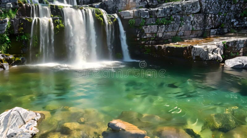 A Serene Waterfall Cascades into a Crystal Clear Pool, a Tranquil ...