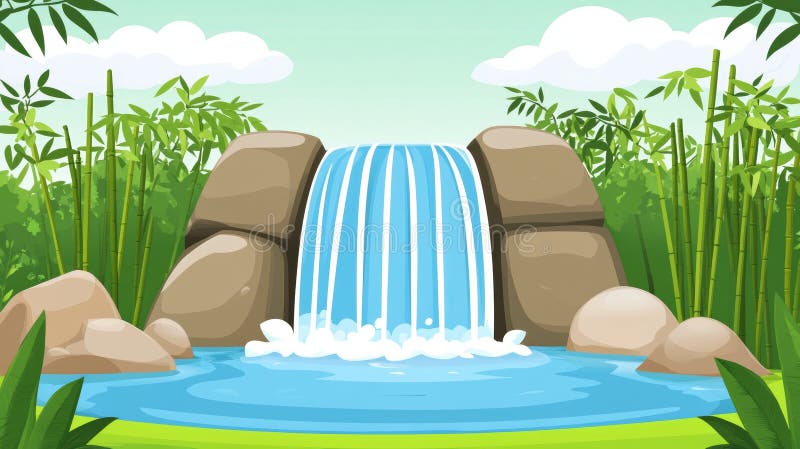 A Serene Waterfall Cascades through a Dense Bamboo Forest Beneath a ...