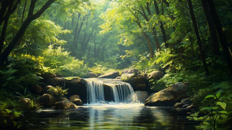 A Serene Waterfall Cascades into a Tranquil Pool Surrounded by Lush ...