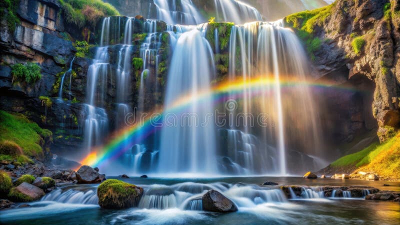 A Serene Waterfall Cascading Down Rocky Cliffs, Illuminated by a ...