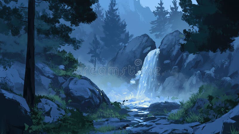 Serene Waterfall Cascading Down Rocky Cliffs in a Mystical Forest at ...