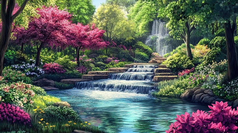 Serene Waterfall Cascading Down Stone Steps into a Vibrant Floral ...