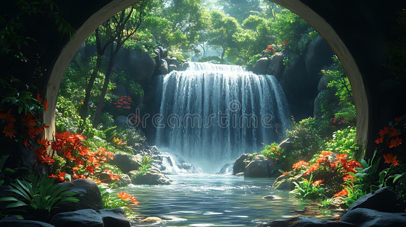 Serene Waterfall Cascading through Lush Tropical Jungle Seen from a ...