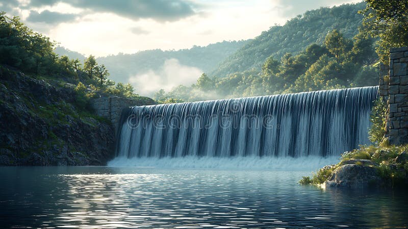 Serene Waterfall Cascading Over Dam, Surrounded by Lush Greenery and ...