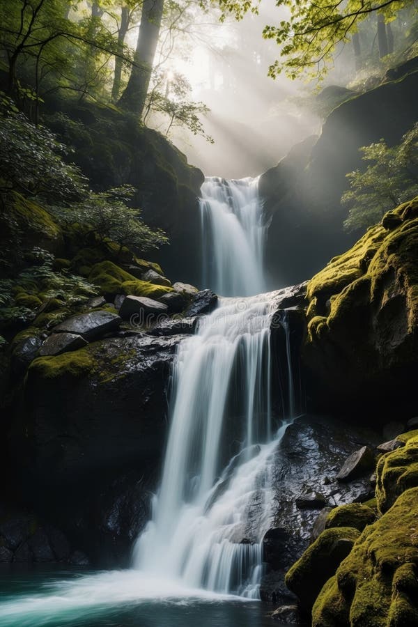 Serene Waterfall Cascading Over Rocky Landscape. Stock Image - Image of ...