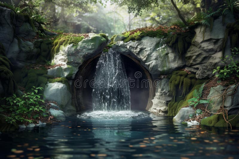 Serene Waterfall Cascading into a Tranquil Forest Pond Surrounded by ...