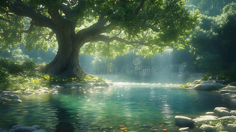 Serene Waterfall Cascading into a Tranquil Pool Under a Majestic ...