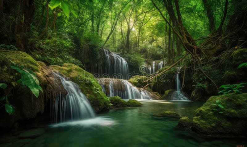 Serene Waterfall Flows through the Lush Depths of the Forest Creating ...