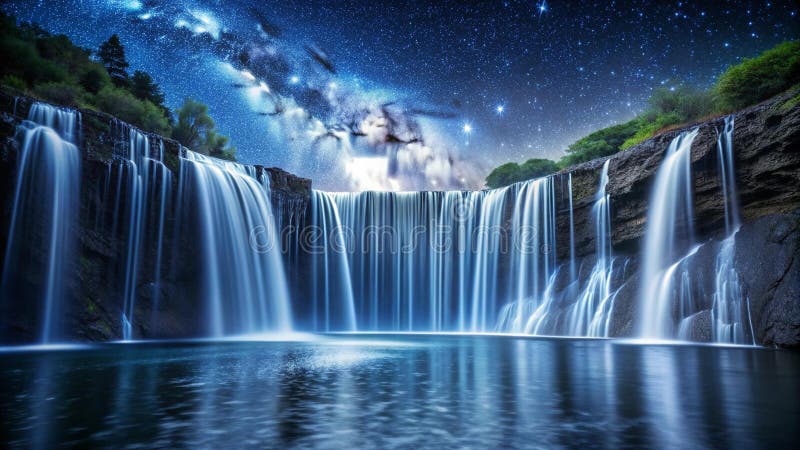 A Serene Waterfall Glowing Under the Moonlight Generative AI Stock ...