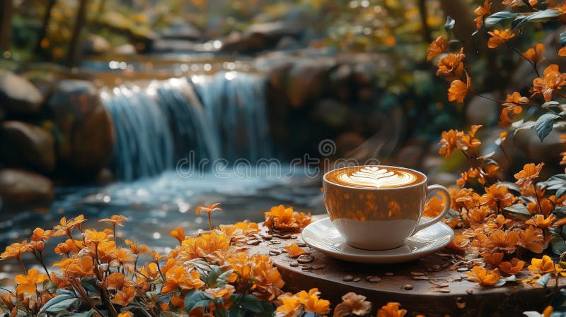 Serene Waterfall Latte Tranquil Coffee Break by the Stream Stock Photo ...