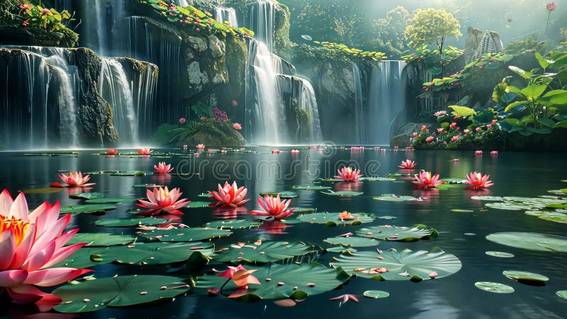 Serene Waterfall with Lotus Flowers in a Lush Forest Stock Footage ...
