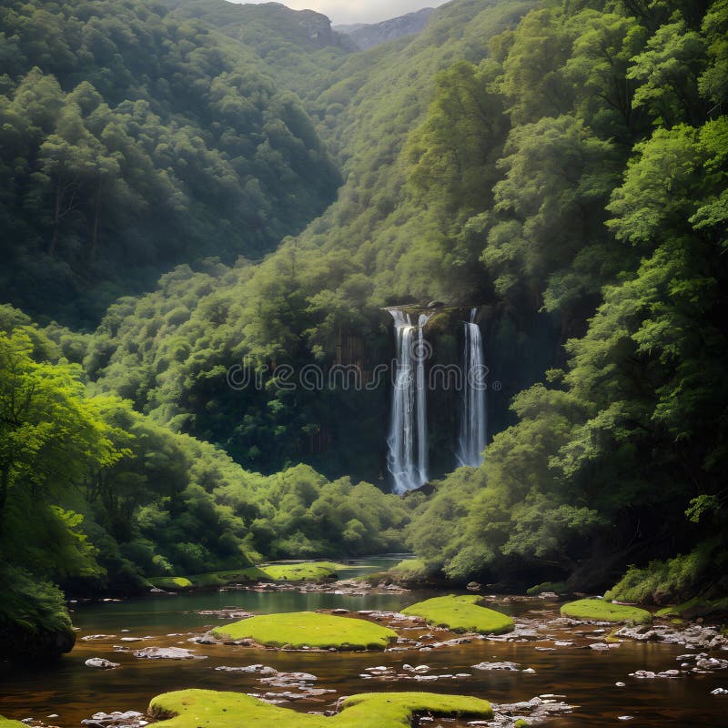 Serene Waterfall Cascading Down Mossy Rocks Dense Forest Stock Photos ...
