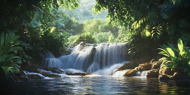 Serene Waterfall Nature Scene: Lush Greenery, Tranquil Stream ...