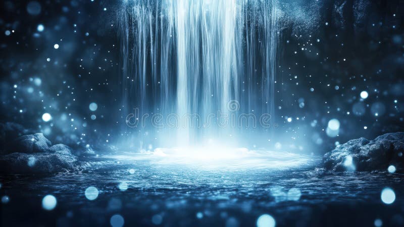 Serene Waterfall at Night Illuminated by Soft Light Stock Illustration ...