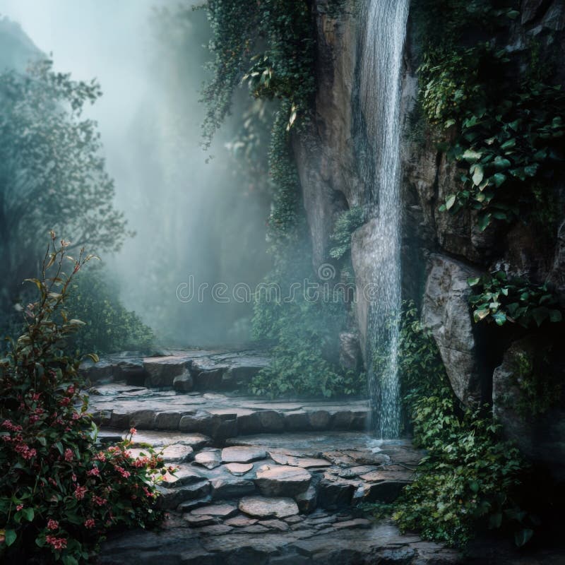 Serene Waterfall Over Rocky Pathway in Lush Forest Setting with Mist ...
