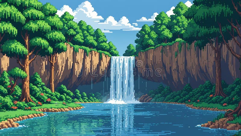 Serene Waterfall in Pixel Art Style Stock Illustration - Illustration ...