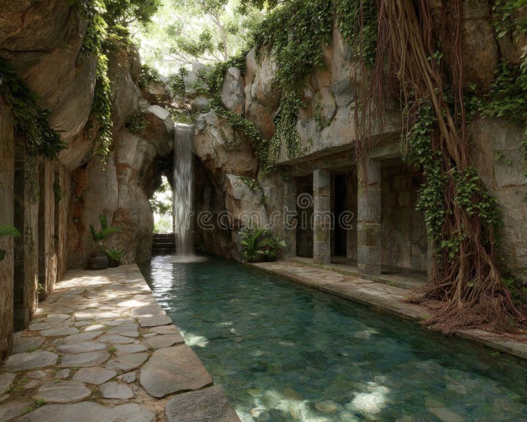 Serene Waterfall Pool in Lush Stone Ruins Stock Illustration ...