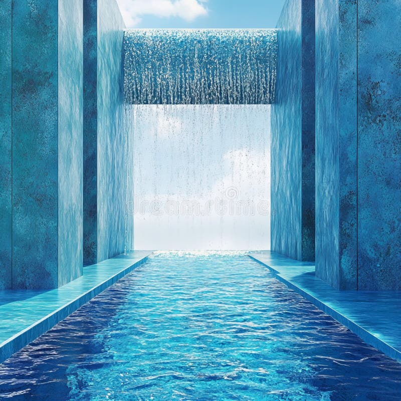 Serene Waterfall Pool between Modern Blue Architecture Structures Stock ...