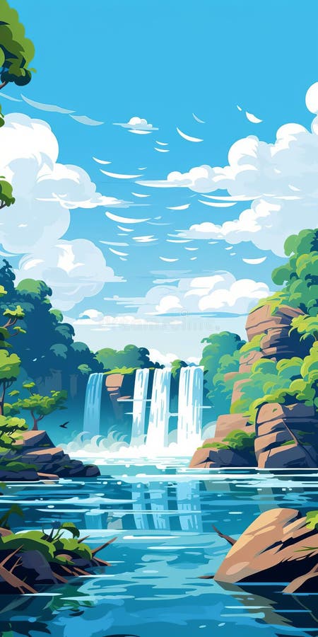 Serene Waterfall River Scene with Kayak and Tropical Colors Stock ...