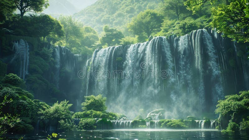 A Serene Waterfall Scene Featuring a Small Boat in the Middle ...