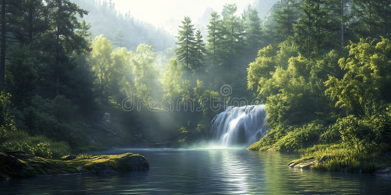 Serene Waterfall Scene Lush Forest Tranquil River Natural Beauty Stock ...