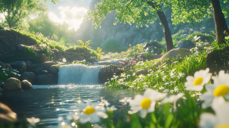 Serene Waterfall Scene in a Lush Spring Meadow Stock Illustration ...