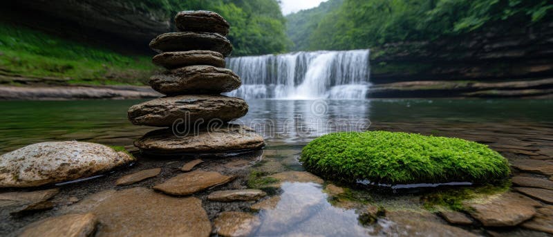 A Serene Waterfall Scene with a Stack of Rocks and Moss in the ...