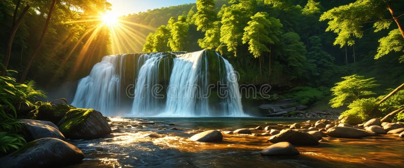 Serene Waterfall at Sunrise Amidst Lush Green Forest Landscape Stock ...
