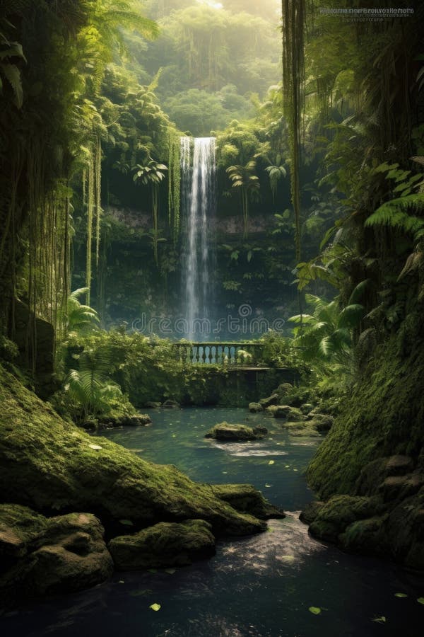 A Serene Waterfall Surrounded by Lush Greenery Stock Illustration ... A Serene Waterfall Surrounded by Lush Greenery Stock Illustration ...