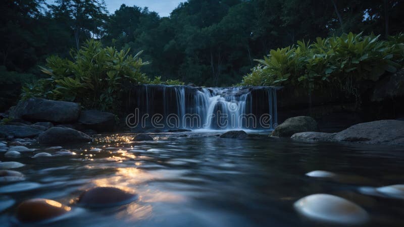 Serene Twilight Waterfall Cascading Over Smooth Rocks in a Lush Forest ...