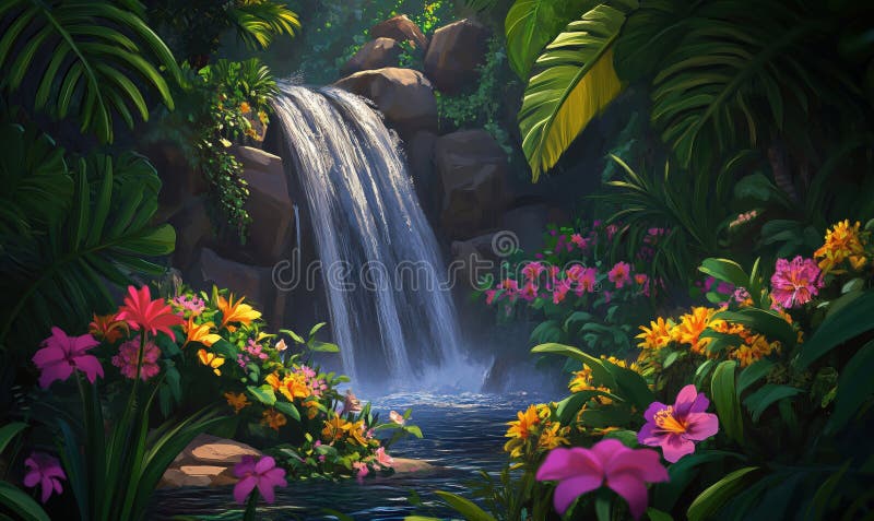 578 Serene Tropical Waterfall Surrounded Lush Greenery Vibrant Flora Stock Photos - Free ...