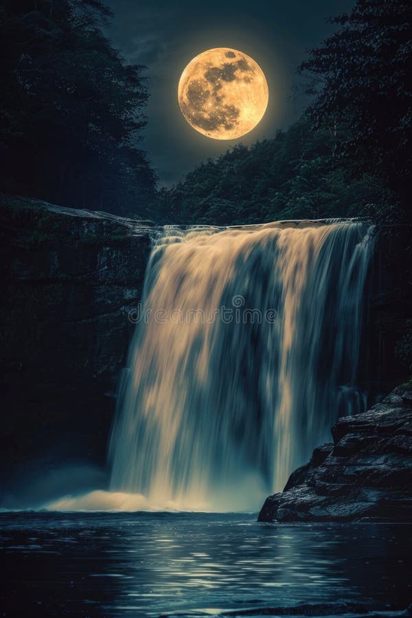 A Serene Waterfall Under the Full Moon, Perfect for Nature Themes Stock ...