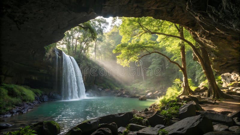 Serene Waterfall View from a Cave Opening in Lush Green Forest Stock ...