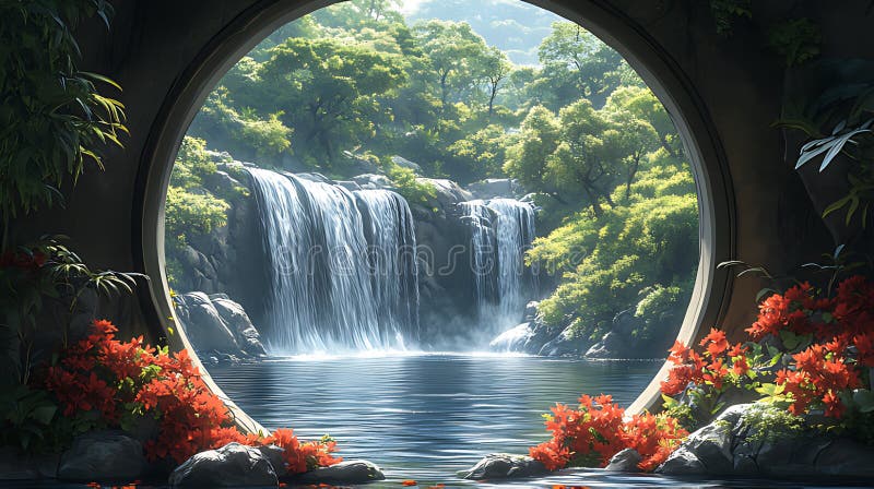 Serene Waterfall View through a Circular Window, Lush Greenery ...