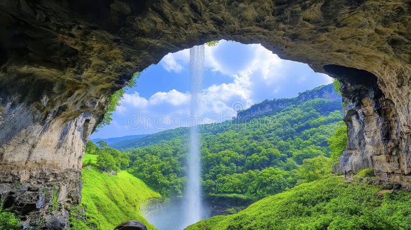 Serene Waterfall View through a Natural Stone Arch Stock Photo - Image ...