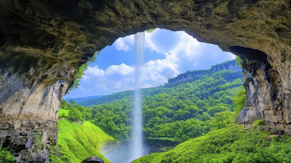 Serene Waterfall View through a Natural Stone Arch Stock Photo - Image ...