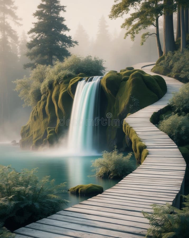 Serene Waterfall and Wooden Pathway Leading To Tranquility. Stock Photo ...