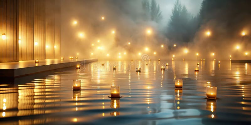 Serene Waterscape Floating Candles Illuminate a Misty Night by a ...