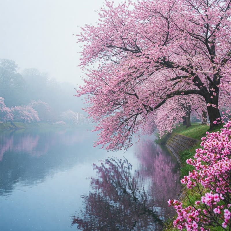 Serene Waterside with Pink Cherry Blossom Tree and Mist Stock ...