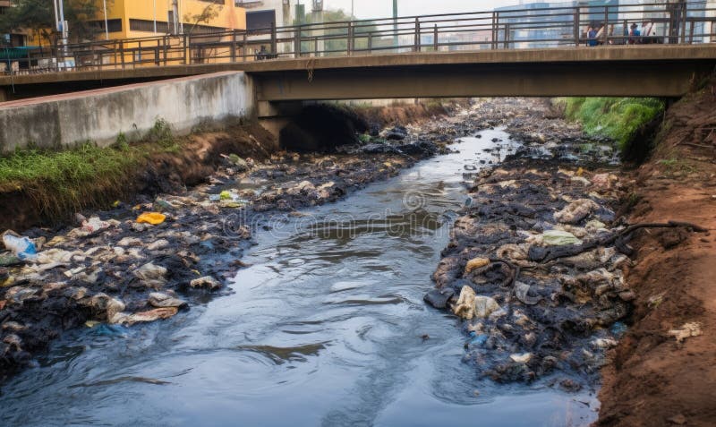 A Serene Waterway Beneath a Bridge Overlooking a Polluted River Stock ...