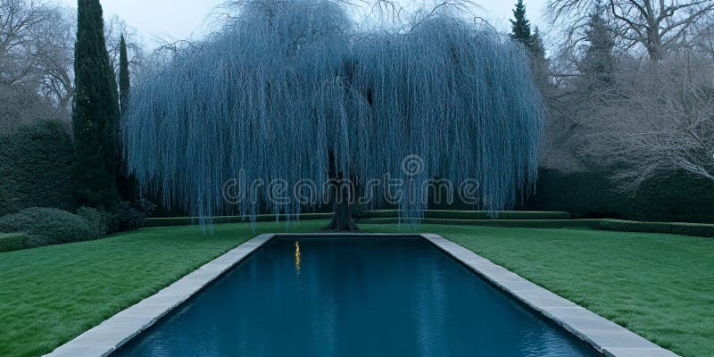 Serene Weeping Willow Tree Overlooking a Tranquil Rectangular Pool in a ...